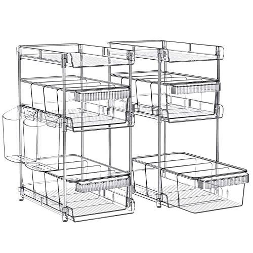 Clear Bathroom Organizers 3 Tier 2 Pack, Pull Out Organizer and Storage with 2 Cups, Slide Out Drawer Storage Container with 12 Dividers, Multi-Purpose Bathroom Organizer, Kitchen Under Sink Organizer