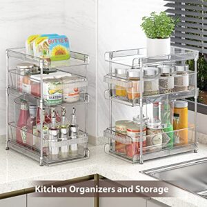 Clear Bathroom Organizers 3 Tier 2 Pack, Pull Out Organizer and Storage with 2 Cups, Slide Out Drawer Storage Container with 12 Dividers, Multi-Purpose Bathroom Organizer, Kitchen Under Sink Organizer