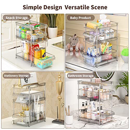 Clear Bathroom Organizers 3 Tier 2 Pack, Pull Out Organizer and Storage with 2 Cups, Slide Out Drawer Storage Container with 12 Dividers, Multi-Purpose Bathroom Organizer, Kitchen Under Sink Organizer