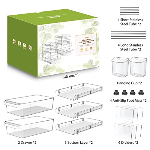 Clear Bathroom Organizers 3 Tier 2 Pack, Pull Out Organizer and Storage with 2 Cups, Slide Out Drawer Storage Container with 12 Dividers, Multi-Purpose Bathroom Organizer, Kitchen Under Sink Organizer