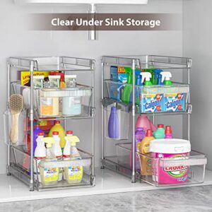 Clear Bathroom Organizers 3 Tier 2 Pack, Pull Out Organizer and Storage with 2 Cups, Slide Out Drawer Storage Container with 12 Dividers, Multi-Purpose Bathroom Organizer, Kitchen Under Sink Organizer