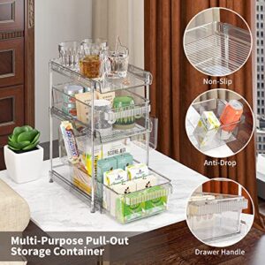 Clear Bathroom Organizers 3 Tier 2 Pack, Pull Out Organizer and Storage with 2 Cups, Slide Out Drawer Storage Container with 12 Dividers, Multi-Purpose Bathroom Organizer, Kitchen Under Sink Organizer