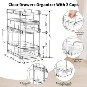 Clear Bathroom Organizers 3 Tier 2 Pack, Pull Out Organizer and Storage with 2 Cups, Slide Out Drawer Storage Container with 12 Dividers, Multi-Purpose Bathroom Organizer, Kitchen Under Sink Organizer