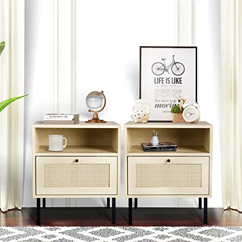 Lamerge Rattan Nightstand Set of 2, Wooden End Table, Modern Side Table with Storage Drawer and Opening Shelf, Accent Table for Living Room, Bedroom and Small Spaces, Natural