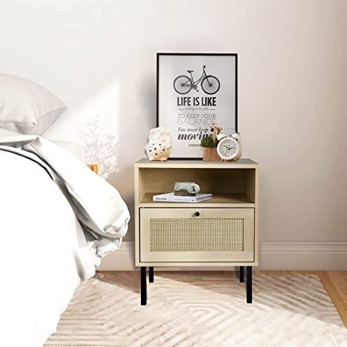 Lamerge Rattan Nightstand Set of 2, Wooden End Table, Modern Side Table with Storage Drawer and Opening Shelf, Accent Table for Living Room, Bedroom and Small Spaces, Natural