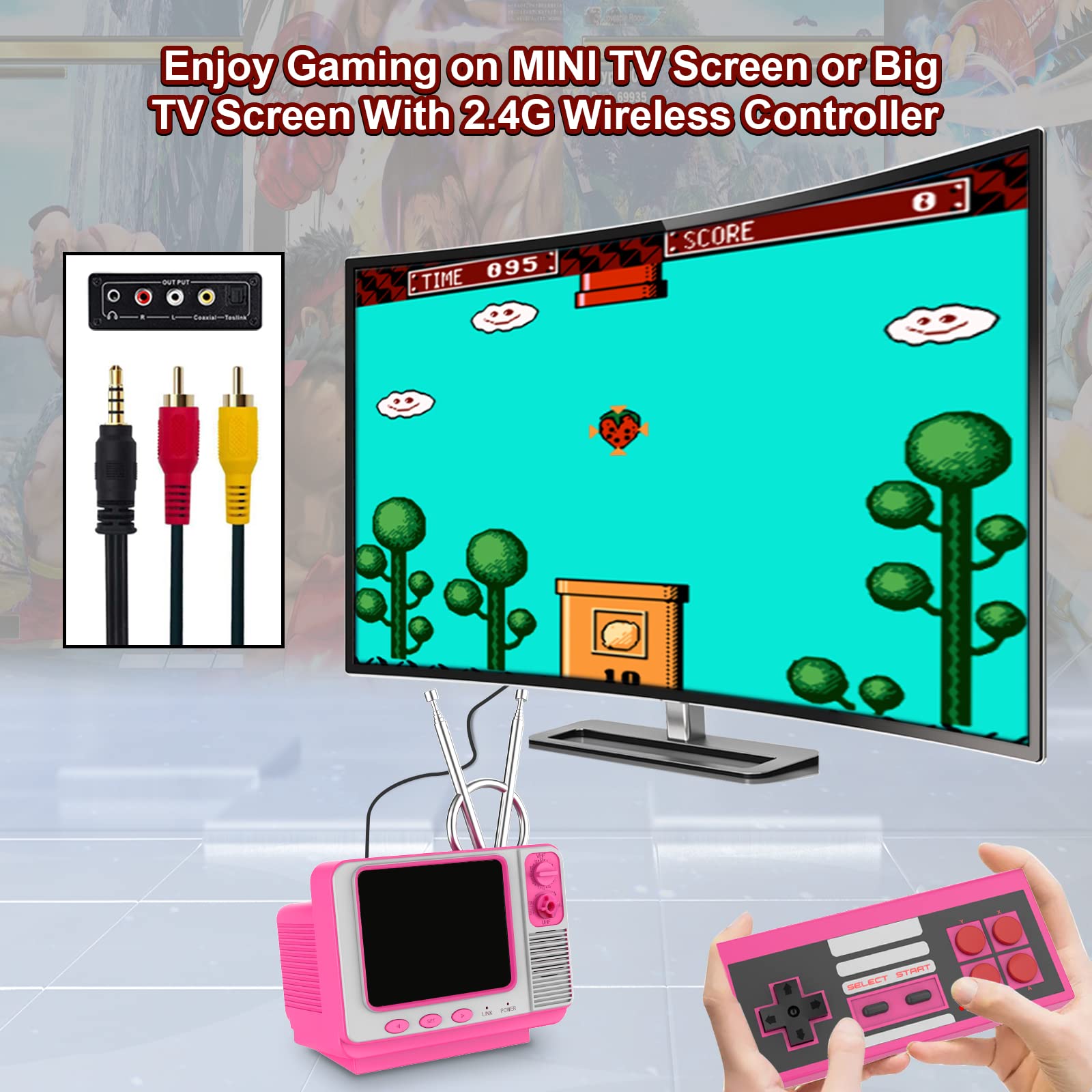 E-MODS GAMING Retro Games Console GV300S Mini TV Style 308 Video Games Player with Handheld Gamepad & AV Output - 3.0 Inch Screen Electronic Games Machine Xmas Gift for Kids Adults (Pink)