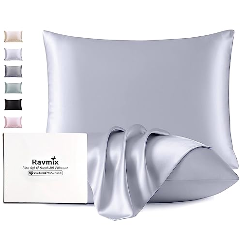 Silk Pillowcase 2 Pack for Hair and Skin, Ravmix Mulberry Silk Pillow Cases Standard Size 20×26inches Set of 2 Cooling Silk Pillow Covers with Hidden Zipper, Silver Grey