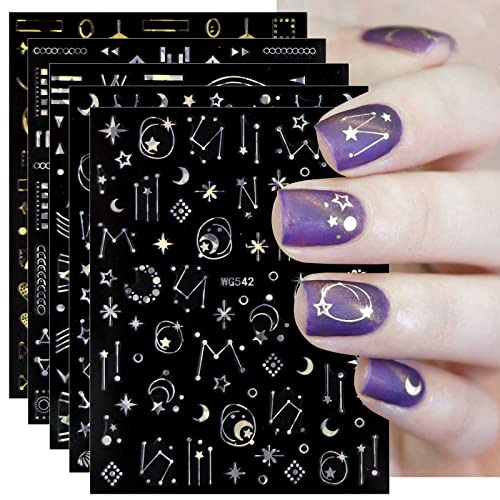 JMEOWIO 12 Sheets Moon Star Sun Nail Art Stickers Decals Self-Adhesive Pegatinas Uñas Gold Silver Nail Supplies Nail Art Design Decoration Accessories