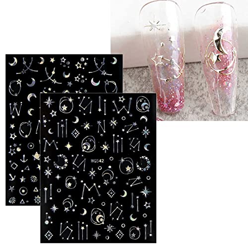 JMEOWIO 12 Sheets Moon Star Sun Nail Art Stickers Decals Self-Adhesive Pegatinas Uñas Gold Silver Nail Supplies Nail Art Design Decoration Accessories