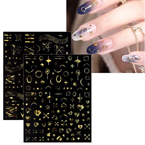 JMEOWIO 12 Sheets Moon Star Sun Nail Art Stickers Decals Self-Adhesive Pegatinas Uñas Gold Silver Nail Supplies Nail Art Design Decoration Accessories