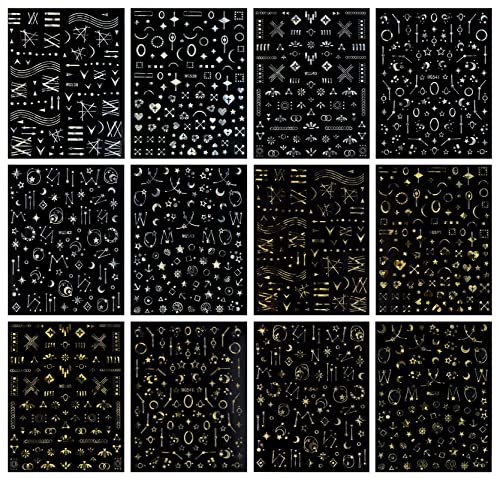 JMEOWIO 12 Sheets Moon Star Sun Nail Art Stickers Decals Self-Adhesive Pegatinas Uñas Gold Silver Nail Supplies Nail Art Design Decoration Accessories