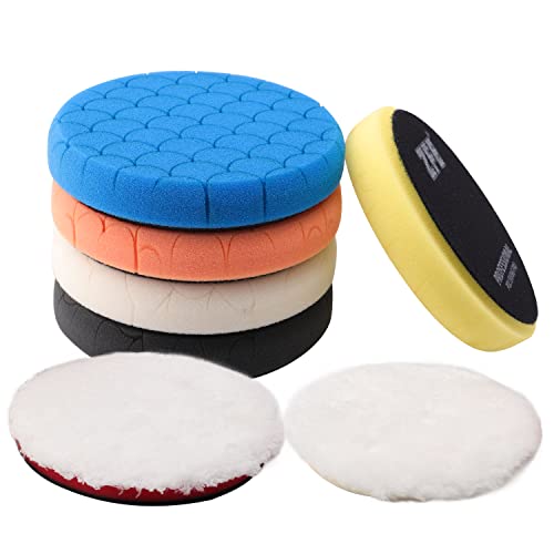 ZFE Buffing Polishing Pads, 7Pc 6.5 Inch Face for 6Inch 150mm Backing Plate Compound Buffing Sponge Pads Cutting Polishing Pad Kit for Car Buffer Polisher Compounding, Polishing and Waxing -PPTYS6SET