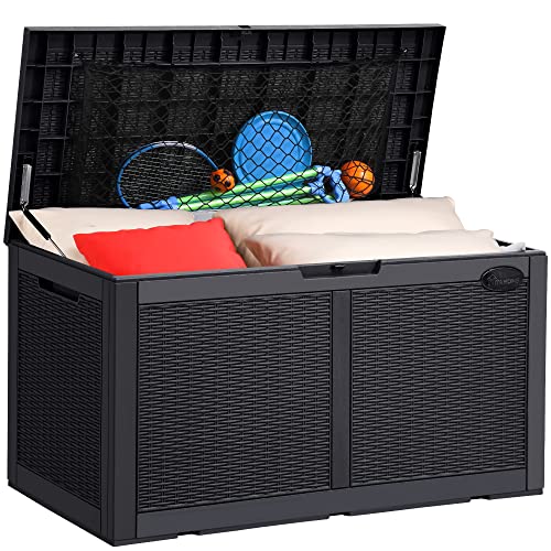 YITAHOME 100 Gallon Large Deck Box w/Storage Net, Resin Outdoor Storage Boxes, Waterproof Patio Cushion Storage Bench for Patio Furniture, Pool Supplies, Garden Tools- Rattan,Lockable (Black)