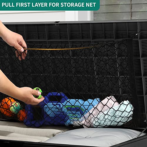 YITAHOME 100 Gallon Large Deck Box w/Storage Net, Resin Outdoor Storage Boxes, Waterproof Patio Cushion Storage Bench for Patio Furniture, Pool Supplies, Garden Tools- Rattan,Lockable (Black)