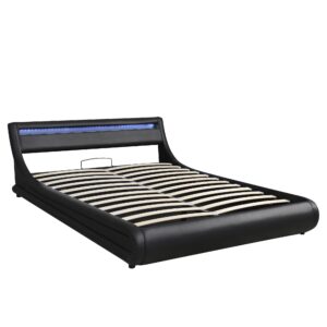 EMKK Upholstered Faux Leather Platform Bed with a Hydraulic Storage System with LED Light Headboard Bed Frame with Slatted Queen Size for Adult, Teens, Kids, No Box Spring Needed