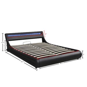 EMKK Upholstered Faux Leather Platform Bed with a Hydraulic Storage System with LED Light Headboard Bed Frame with Slatted Queen Size for Adult, Teens, Kids, No Box Spring Needed