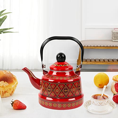 Leefasy 2.5L Enameled Tea Kettle Teapot Tableware Coffee Kettle No Whistling Easy Clean Teakettle for Stovetop for Picnic Kitchen Outdoor Hiking, Red A