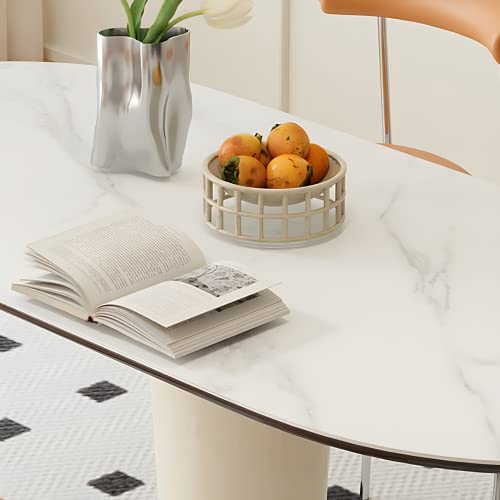 BIGMAII Oval Dining Table Modern Mid-Century Kitchen Table White Sintered Stone Top Table with Marble Pattern, Pedestal Dining Room Table 6 Person - 63" L Without Chairs