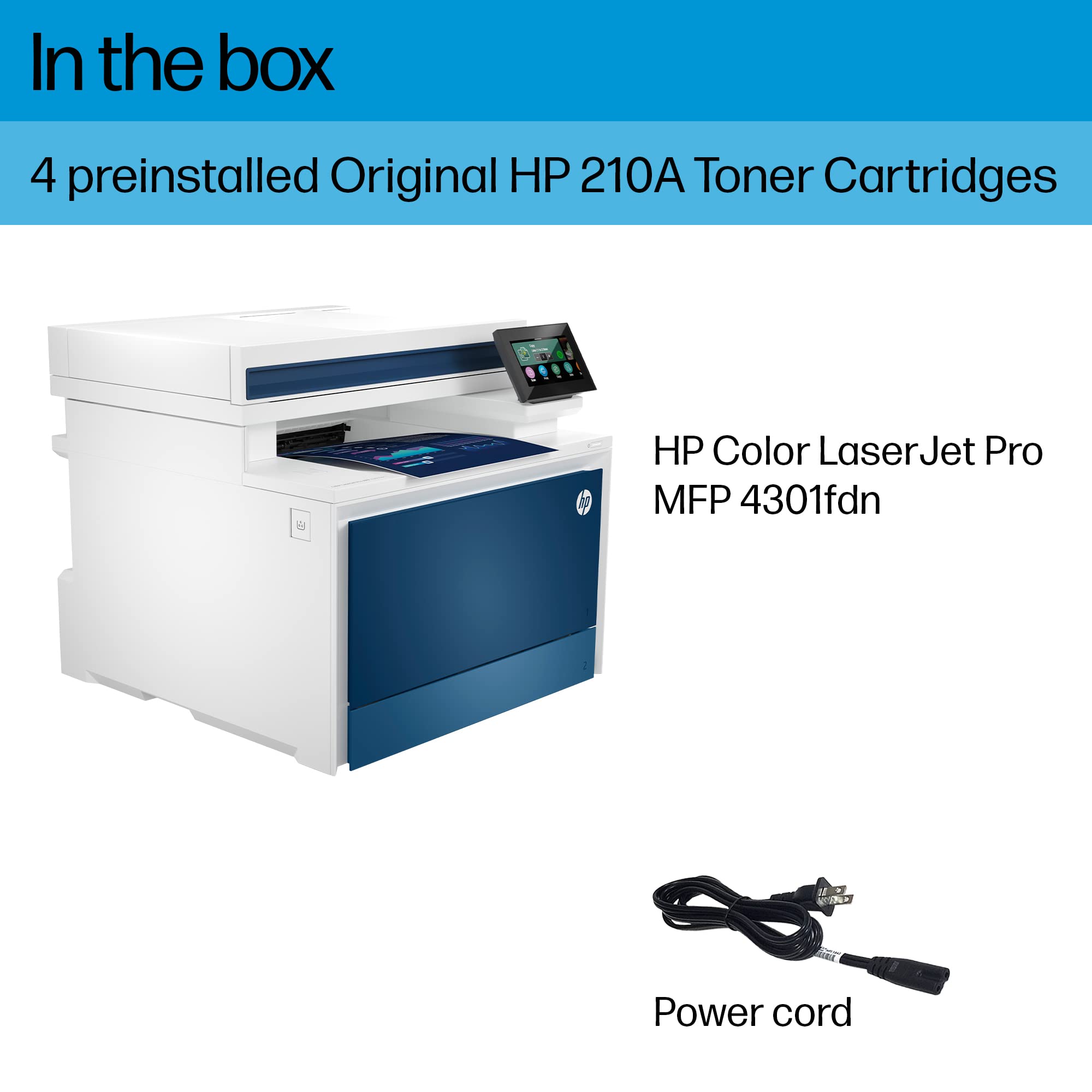 HP Color LaserJet Pro MFP 4301fdn Printer, Print, scan, copy, fax, Fast speeds, Easy setup, Mobile printing, Advanced security, Best-for-small teams, 16.6 x 17.1 x 15.1 in,white