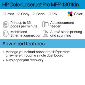 HP Color LaserJet Pro MFP 4301fdn Printer, Print, scan, copy, fax, Fast speeds, Easy setup, Mobile printing, Advanced security, Best-for-small teams, 16.6 x 17.1 x 15.1 in,white