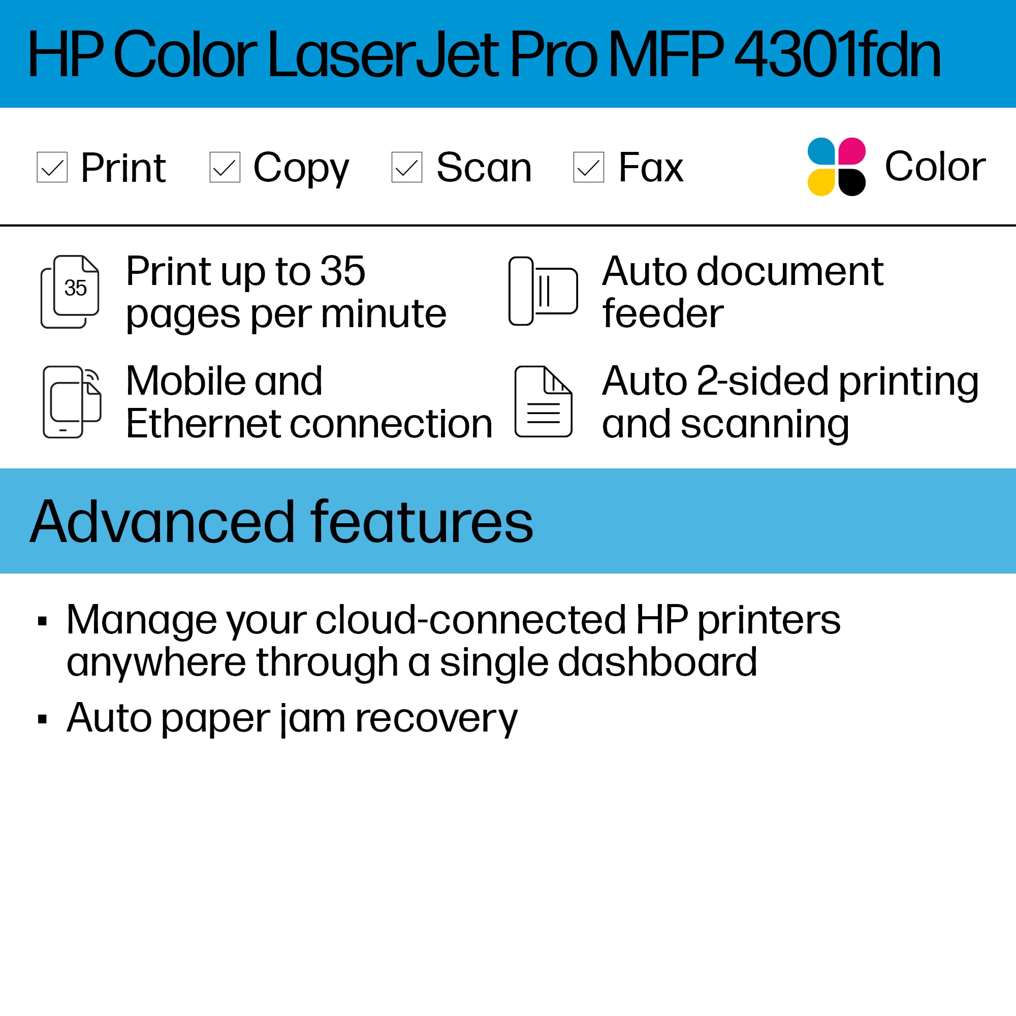 HP Color LaserJet Pro MFP 4301fdn Printer, Print, scan, copy, fax, Fast speeds, Easy setup, Mobile printing, Advanced security, Best-for-small teams, 16.6 x 17.1 x 15.1 in,white