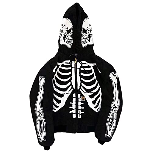 NUFR Skeleton Zip Up Hoodie Skeleton Jacket Black Oversized Streetwear Pullover Sweatshirt for Men, XX-Large