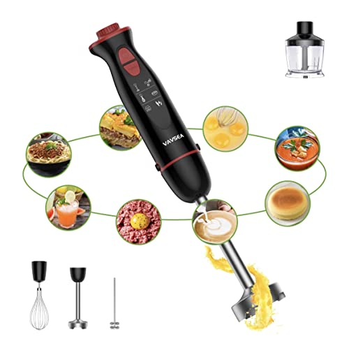 Vavsea Immersion Hand Blender, 12-Speed Multi-Function Handheld Stick Blender with Stainless Steel Blades, Chopper, Beaker, Whisk and Milk Frother for Baby Food/Smoothies/Puree, BPA Free