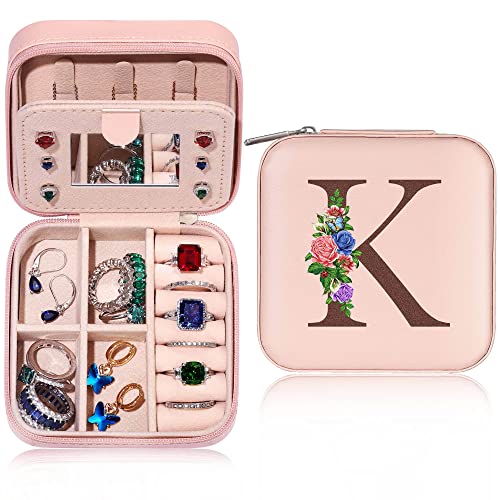 Yesteel Mini Travel Jewelry Case Jewelry Box Jewelry Organizer, Birthday Pink Gifts for Women Mom Grandma Friends Sister in Law Gifts Letter K