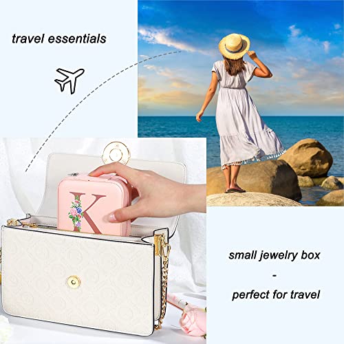 Yesteel Mini Travel Jewelry Case Jewelry Box Jewelry Organizer, Birthday Pink Gifts for Women Mom Grandma Friends Sister in Law Gifts Letter K