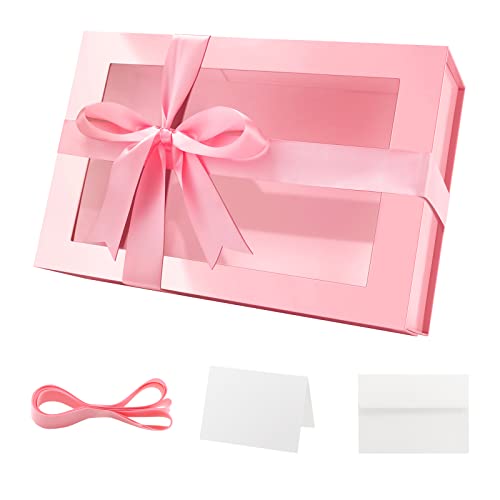 PACKQUEEN Large Gift Box with Window, 13.5x9x4.1 Inches Pink Gift Box for Present Contains Ribbon, Card, Bridesmaid Proposal Box, Extra Large Gift Box with Magnetic Lid (Glossy Pink)