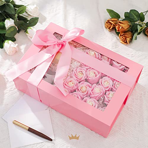 PACKQUEEN Large Gift Box with Window, 13.5x9x4.1 Inches Pink Gift Box for Present Contains Ribbon, Card, Bridesmaid Proposal Box, Extra Large Gift Box with Magnetic Lid (Glossy Pink)