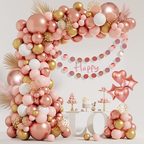 149Pcs Rose Gold Balloons Arch Kit, Pink Rose Gold White Cardioid Pentagram Flag Banner Balloon Garland for Women Girls Birthday Wedding Graduation Baby Shower Bridal Bachelorette Mother's Valentine's Day Party Decorations