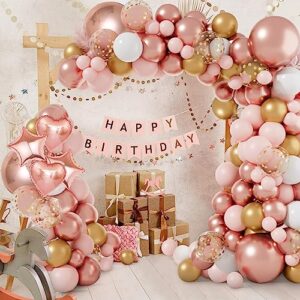 149Pcs Rose Gold Balloons Arch Kit, Pink Rose Gold White Cardioid Pentagram Flag Banner Balloon Garland for Women Girls Birthday Wedding Graduation Baby Shower Bridal Bachelorette Mother's Valentine's Day Party Decorations