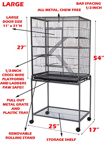 54" Deluxe Large Wrought Iron 4-Level Tight 1/2-inch Bar Spacing for Ferret Chinchilla Sugar Glider Mice Rat Cage with Removable Rolling Stand