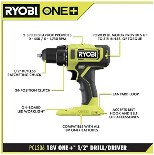 RYOBI ONE+ 18V Cordless 1/2 in. Drill/Driver (Tool Only) PCL206B (Renewed), Black Green