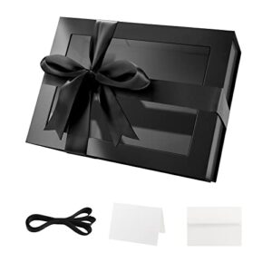 packqueen gift box with window, 9x6.5x3.8 inches, black gift box for present contains ribbon, card, groomsman proposal box, gift box with magnetic lid (glossy black)