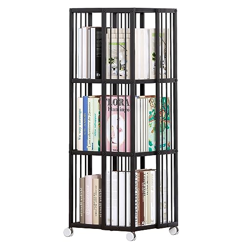 Huhote Rotating Bookcase Black 3 Tiers Metal Bookshelf, 360°Cubic Large Capacity for Small Space with Storage and Creative Multi-Layer Shelves,Magazine&Books for Bedroom Living Room Study and Office