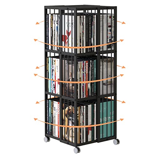 Huhote Rotating Bookcase Black 3 Tiers Metal Bookshelf, 360°Cubic Large Capacity for Small Space with Storage and Creative Multi-Layer Shelves,Magazine&Books for Bedroom Living Room Study and Office