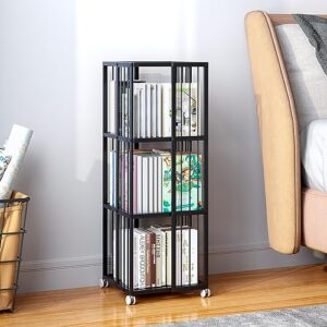 Huhote Rotating Bookcase Black 3 Tiers Metal Bookshelf, 360°Cubic Large Capacity for Small Space with Storage and Creative Multi-Layer Shelves,Magazine&Books for Bedroom Living Room Study and Office