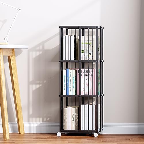 Huhote Rotating Bookcase Black 3 Tiers Metal Bookshelf, 360°Cubic Large Capacity for Small Space with Storage and Creative Multi-Layer Shelves,Magazine&Books for Bedroom Living Room Study and Office