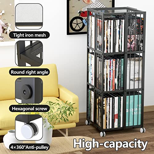 Huhote Rotating Bookcase Black 3 Tiers Metal Bookshelf, 360°Cubic Large Capacity for Small Space with Storage and Creative Multi-Layer Shelves,Magazine&Books for Bedroom Living Room Study and Office