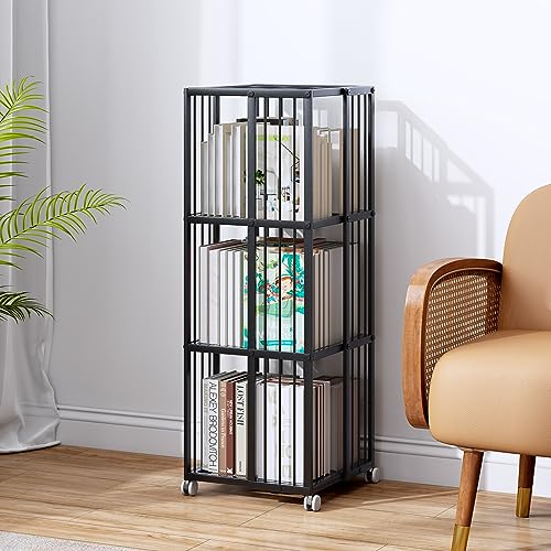 Huhote Rotating Bookcase Black 3 Tiers Metal Bookshelf, 360°Cubic Large Capacity for Small Space with Storage and Creative Multi-Layer Shelves,Magazine&Books for Bedroom Living Room Study and Office