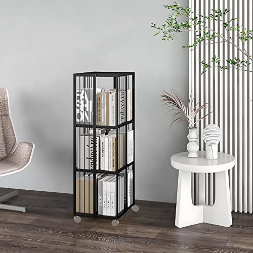 Huhote Rotating Bookcase Black 3 Tiers Metal Bookshelf, 360°Cubic Large Capacity for Small Space with Storage and Creative Multi-Layer Shelves,Magazine&Books for Bedroom Living Room Study and Office