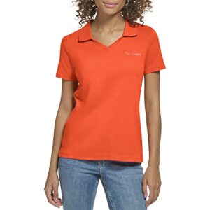 calvin klein women's lower neckline casual -collar 1x1 rib cotton short sleeve, flame