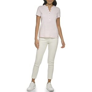 calvin klein women's comfortable snap detail crew neck striped short sleeve, petal/white