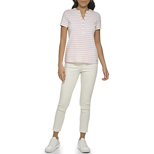 Calvin Klein Women's Comfortable Snap Detail Crew Neck Striped Short Sleeve, Petal/White