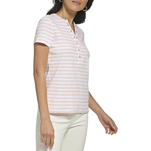 Calvin Klein Women's Comfortable Snap Detail Crew Neck Striped Short Sleeve, Petal/White