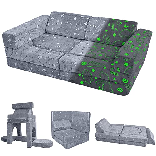 MeMoreCool 10-Piece Kids Couch Sofa, Modular Toddler Couch Glow Sofa for Playroom Bedroom, Fold Out Couch Play Couch for Kid Girl Boy, Kids Convertible Sofa Sectional Foam Playset Couch Set, Dino