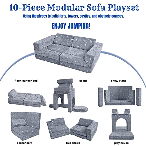 MeMoreCool 10-Piece Kids Couch Sofa, Modular Toddler Couch Glow Sofa for Playroom Bedroom, Fold Out Couch Play Couch for Kid Girl Boy, Kids Convertible Sofa Sectional Foam Playset Couch Set, Dino