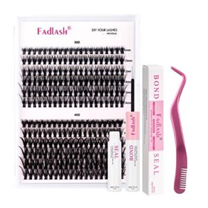 fadlash diy eyelash extension kit, 240pcs lash clusters with lash bond and seal, clusters eyelash applicator tool, d curl thin band diy lash extension kit easy to apply (30d+40d kit)